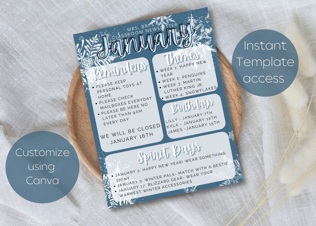 January Classroom Newsletter Snowflakes Winter Monthly Weekly ...