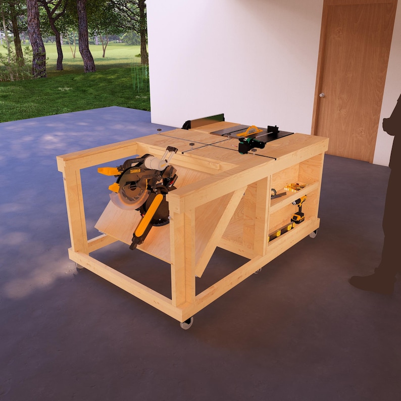 Premium DIY Mobile Garage Workbench Plans - Expandable 4x6 Foldable Miter Saw Station With Side ...