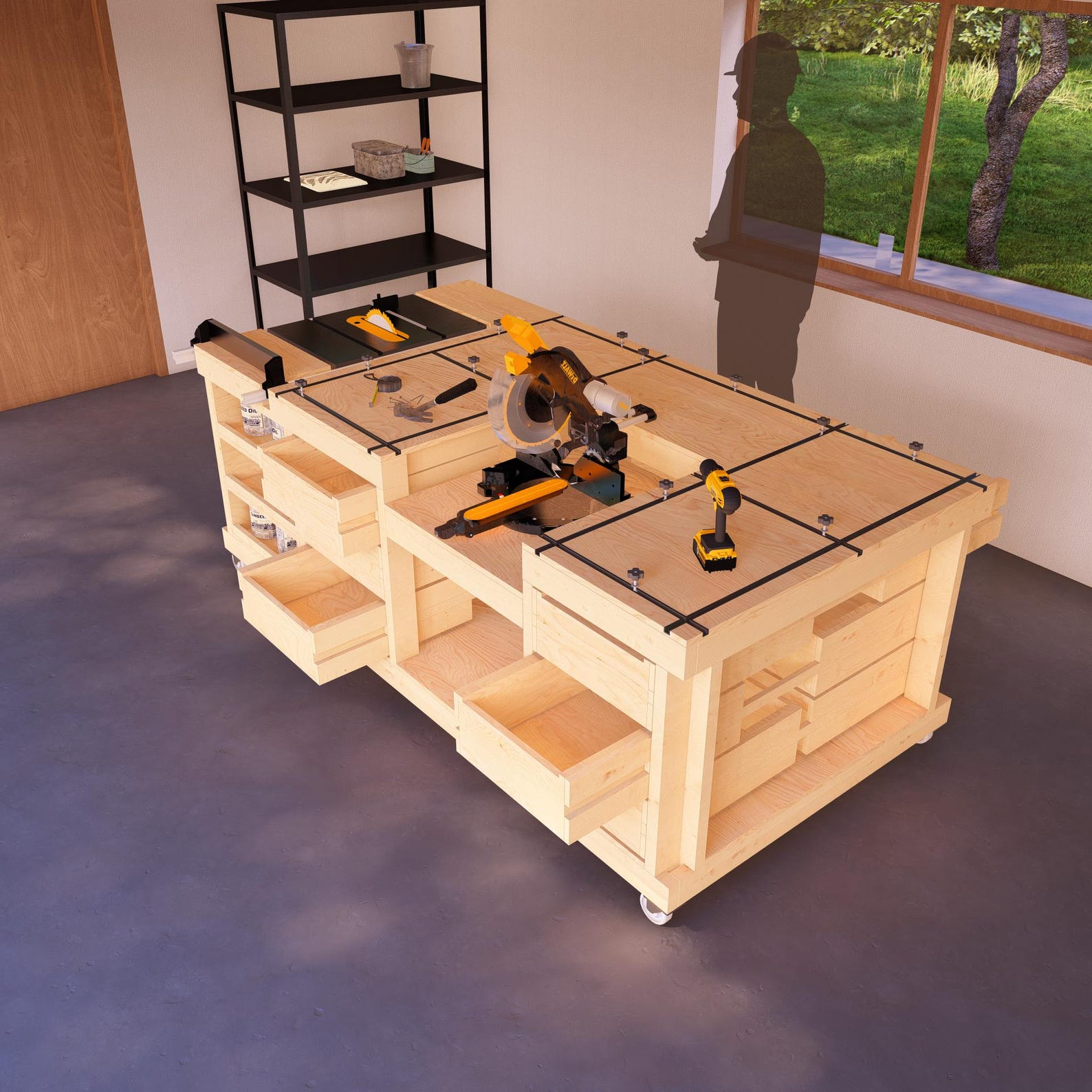 DIY 4x8 Ft Mobile Workbench Plans With T-tracks, Drawers, and Shelves ...