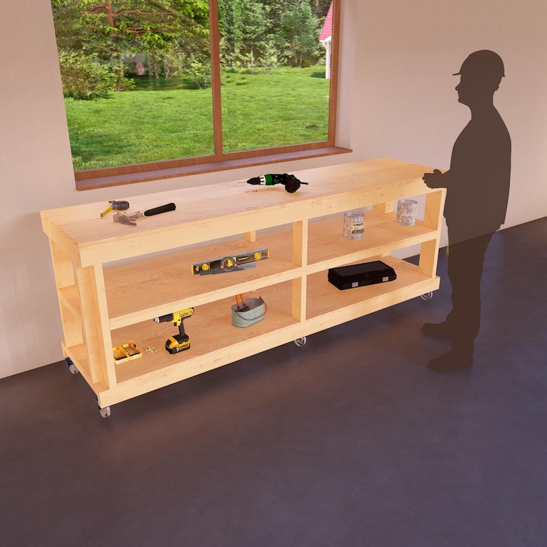 DIY Modular Garage Workbench Plans in 2x8 Size, Perfect for Narrow Spaces! Build a Mobile Work ...