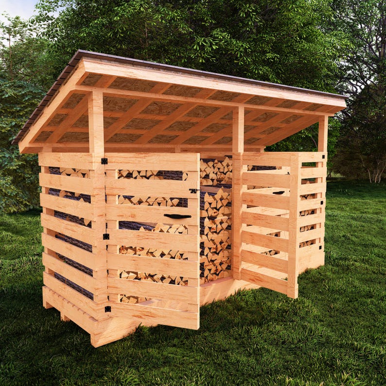 4x12 Ft DIY Firewood Storage Shed Plans, Wooden Log Shelter With ...