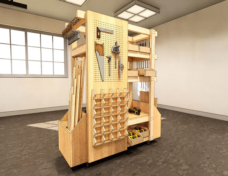 Mobile Workshop Storage Cart Plan, Pegboard Panel and Small Parts Bin ...