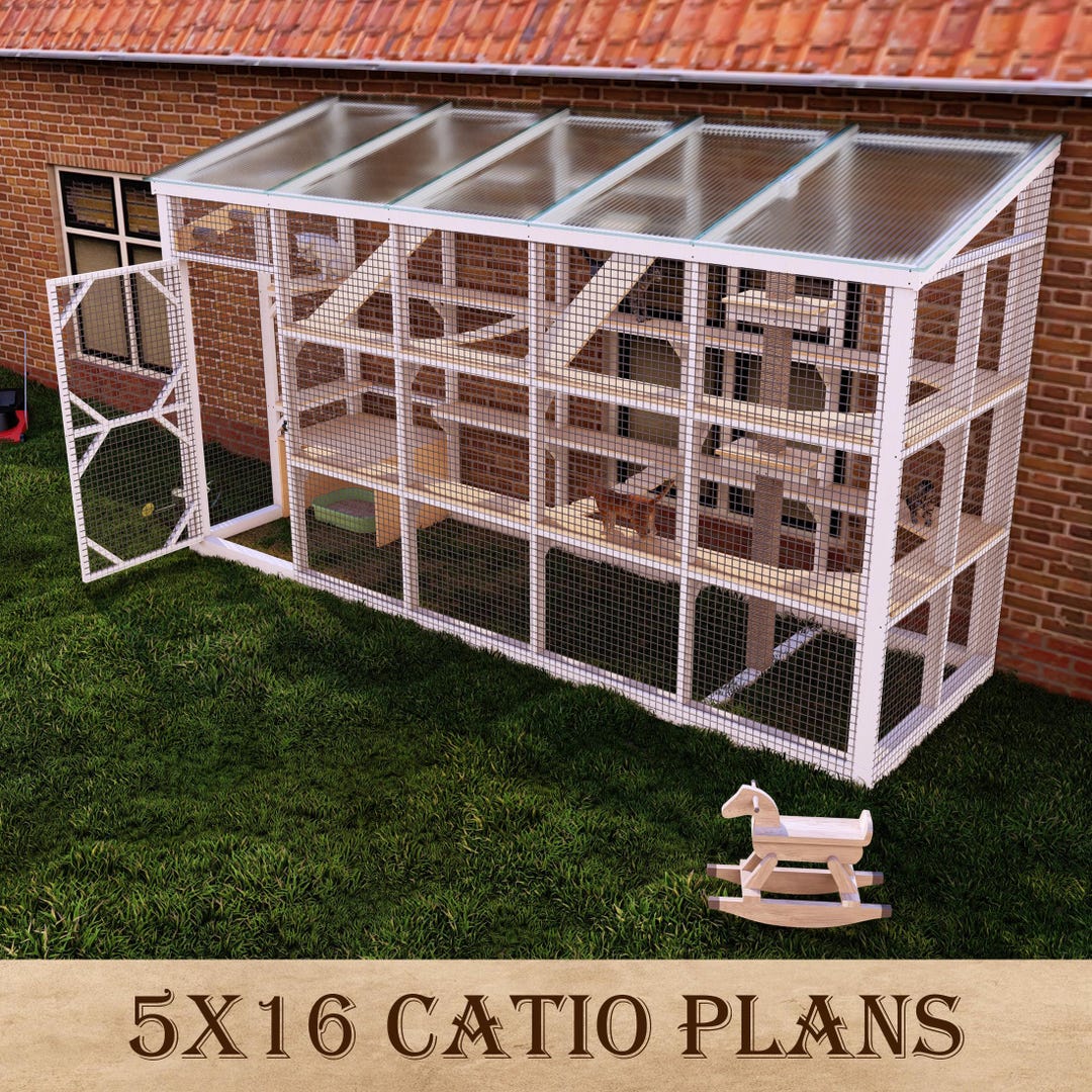 DIY 5×16 Catio Plans, Wall-attached Covered Outdoor Cat Enclosure With ...