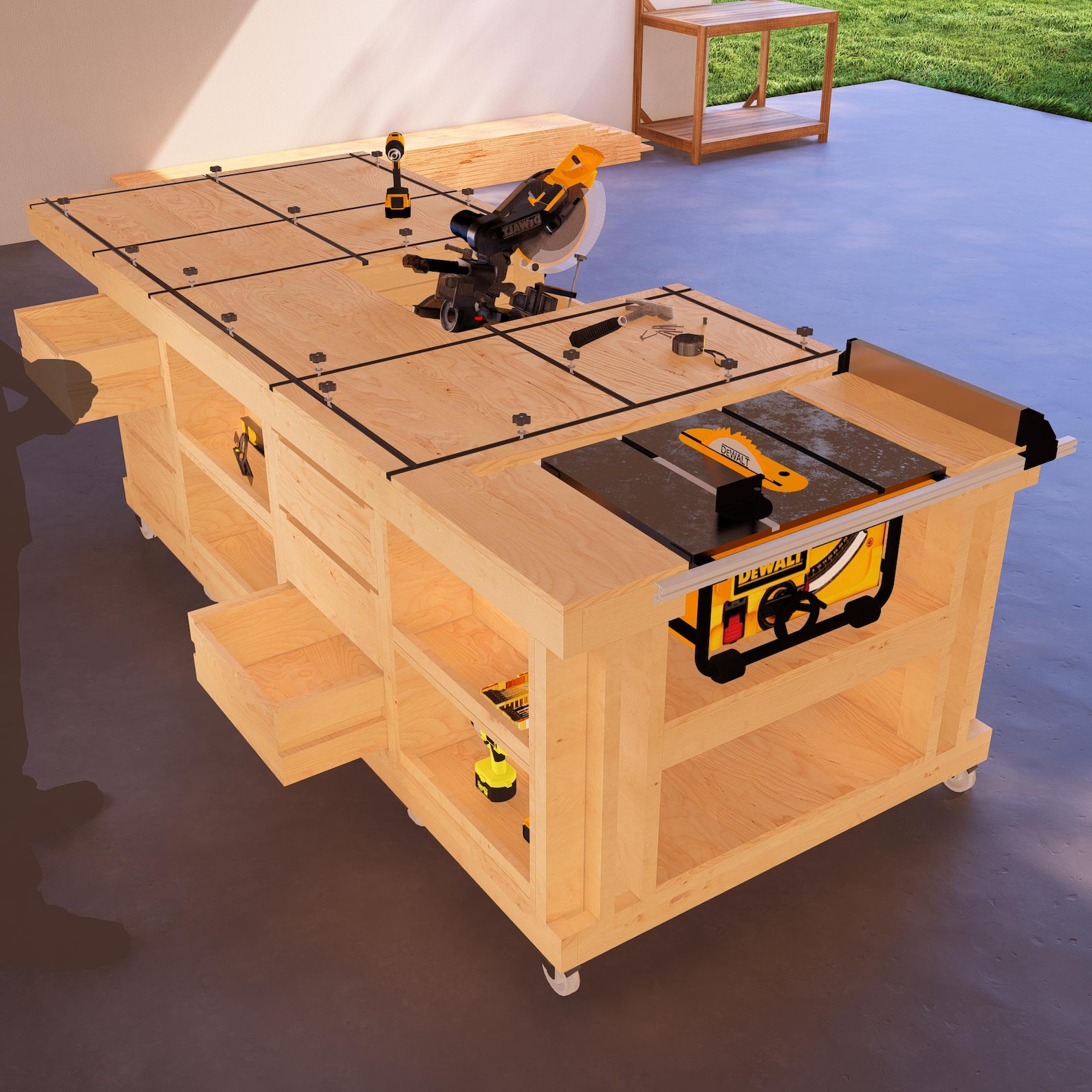 DIY Foldable Miter Saw Station Plans, Hidden Storage, T-track, Drawers ...