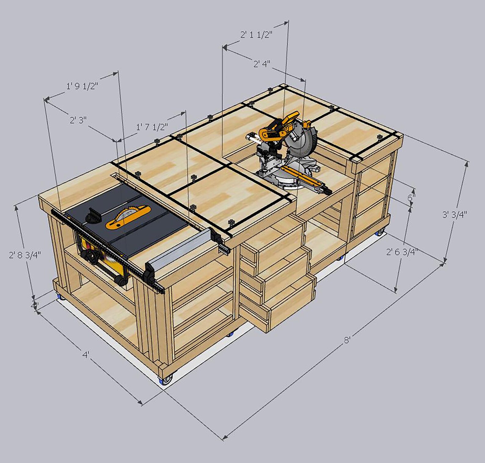 DIY 4x8 Ft Mobile Workbench Plans With T-tracks, Drawers, and Shelves ...