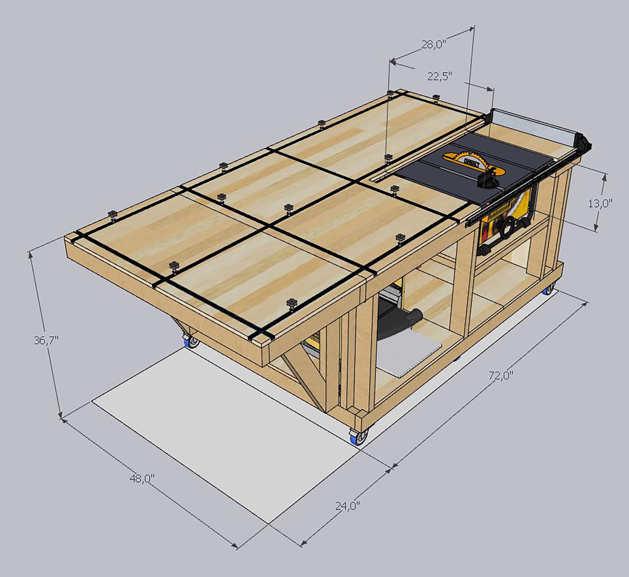 4x6 Ft DIY Table Saw Workbench Plans With Flip-top Design, Storage ...