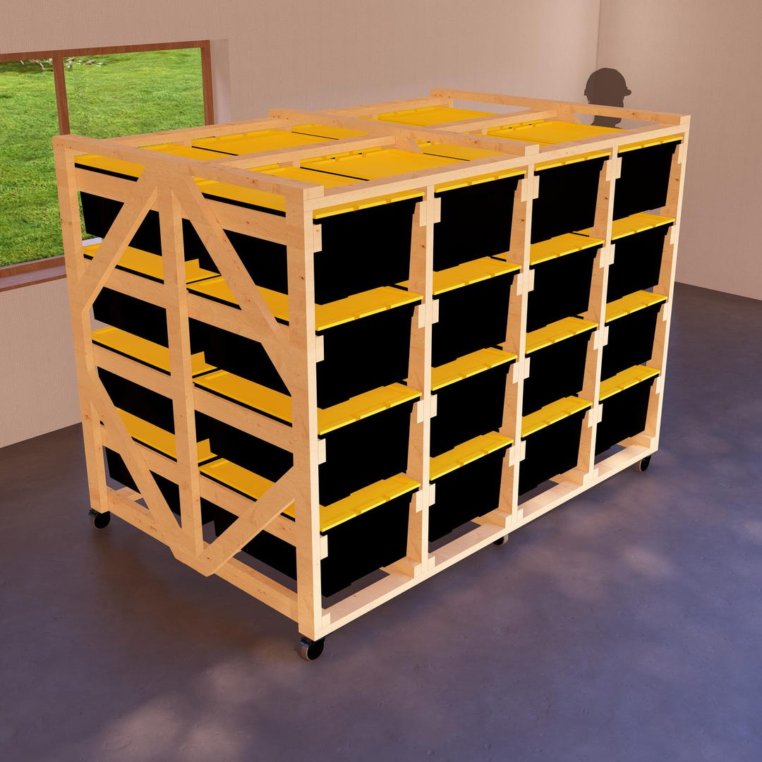 DIY Wooden 27 Gallon Tote Rack Plans, Sturdy 32-bin Mobile Shelving ...