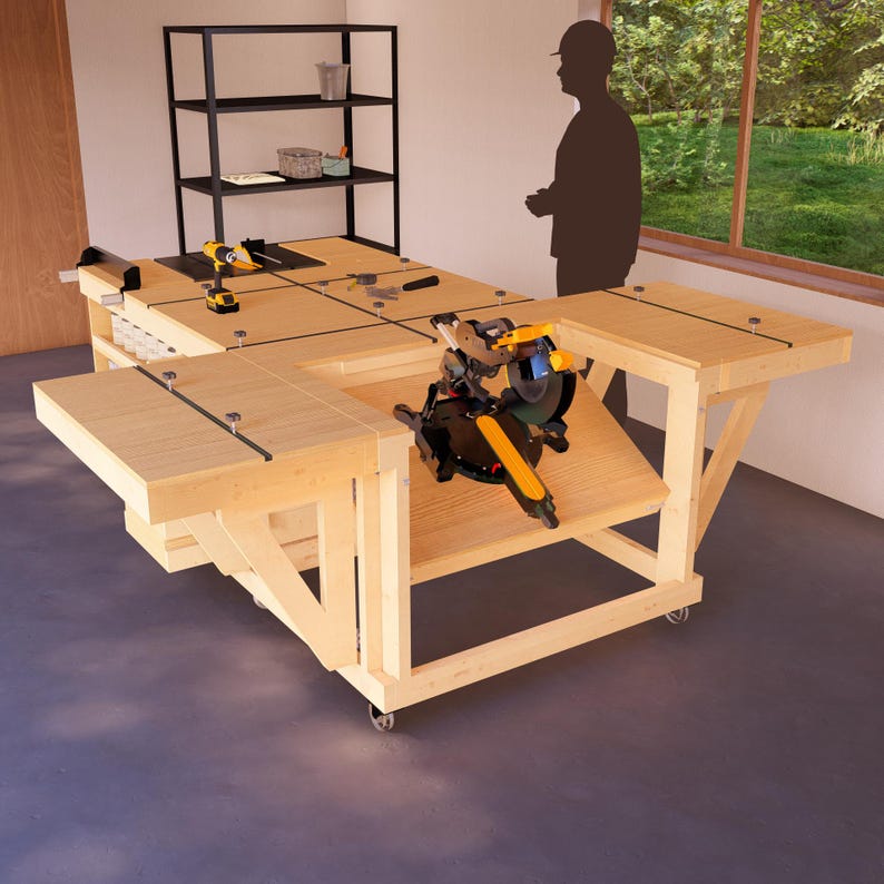DIY Mobile Garage Modular Workbench Plans, Versatile Workstation With Miter Saw Station Storage ...