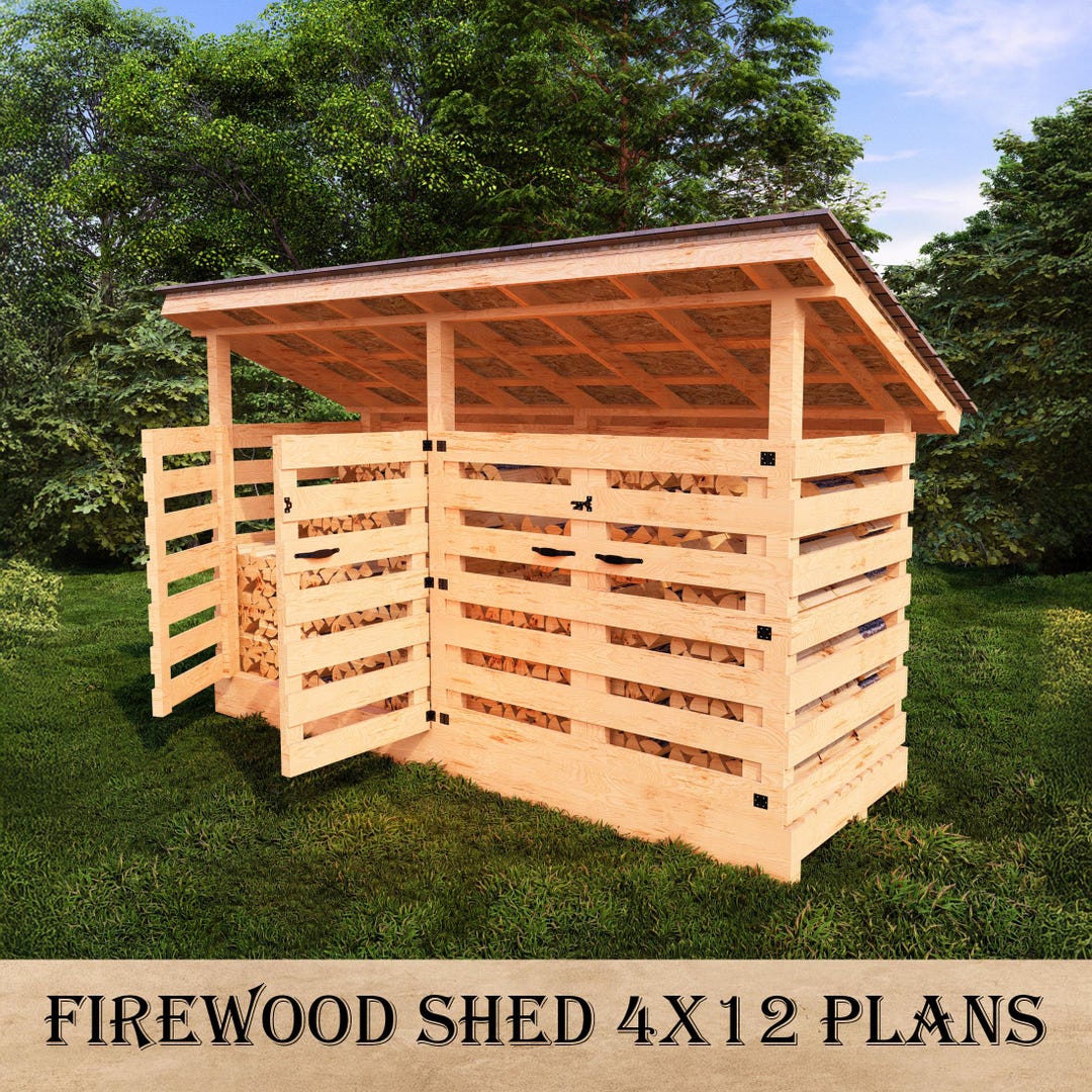 4x12 Ft DIY Firewood Storage Shed Plans, Wooden Log Shelter With ...
