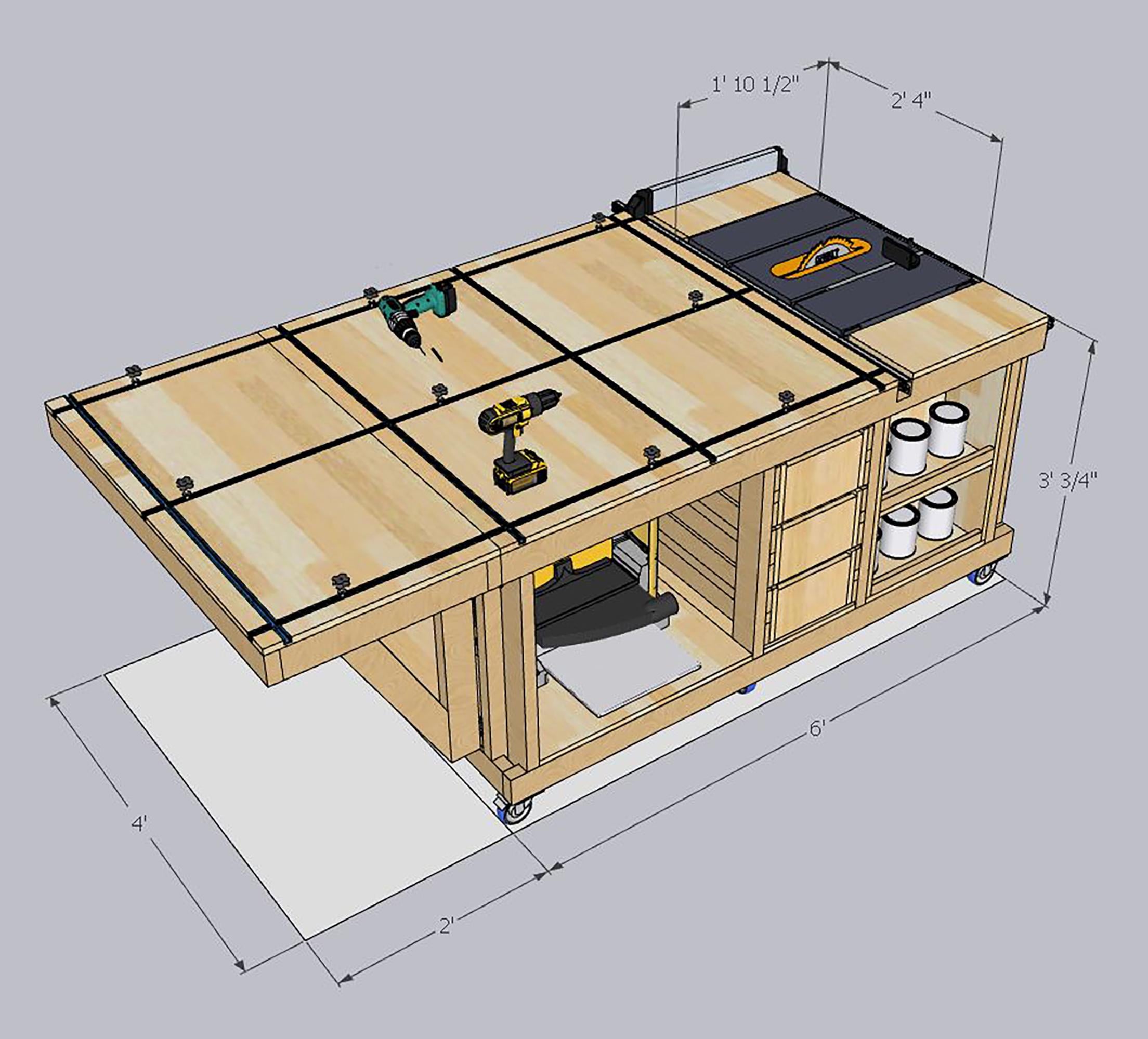 4x6 Ft DIY Flip-top Workbench Plans, Multipurpose Compact Table Saw ...