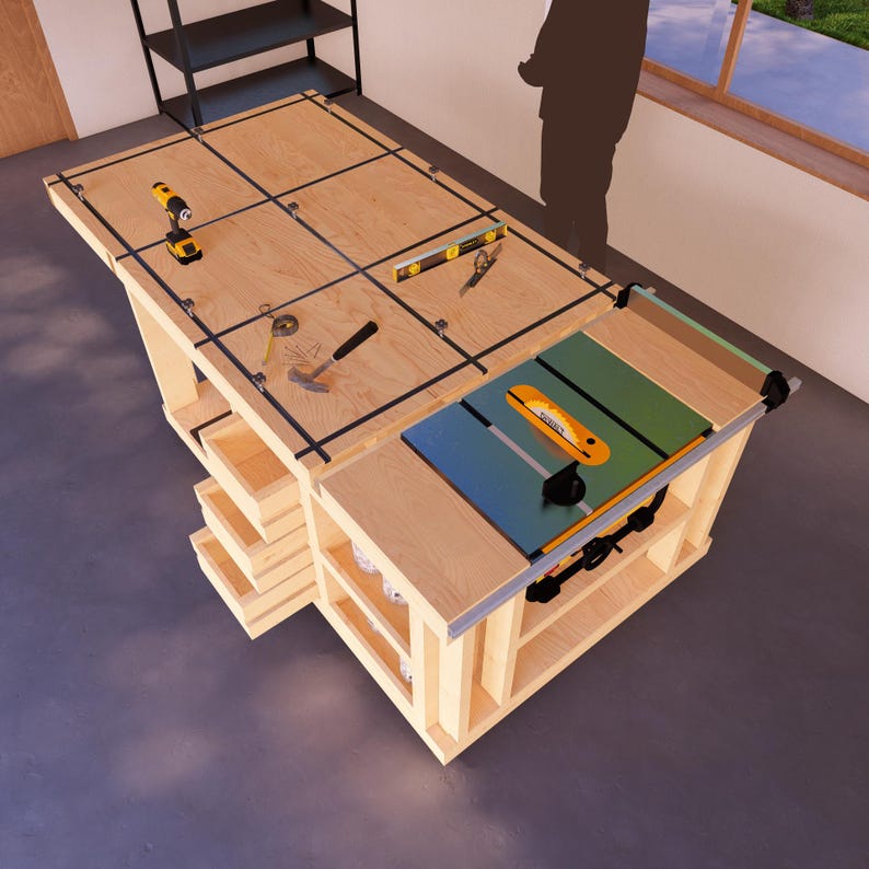 4x6 Ft DIY Flip-top Workbench Plans, Multipurpose Compact Table Saw ...