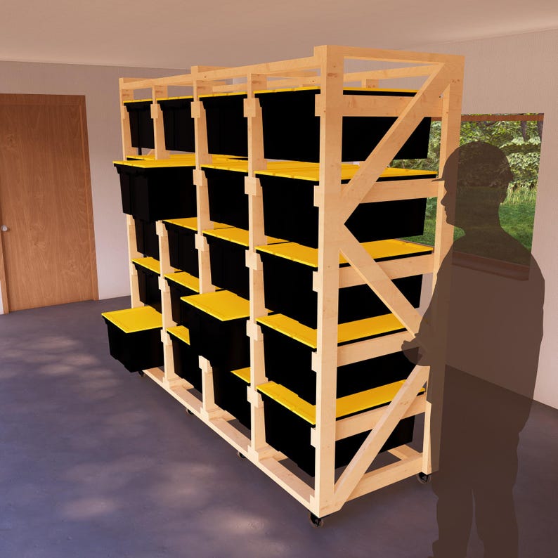 DIY Tote Storage Rack Plans, Mobile Wooden Shelving Unit for 27-gallon ...