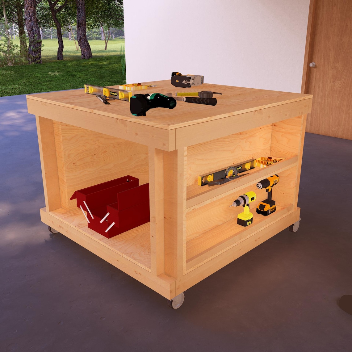 DIY Mobile Garage Workbench With Wood Shelves Modular Plans Expandable ...