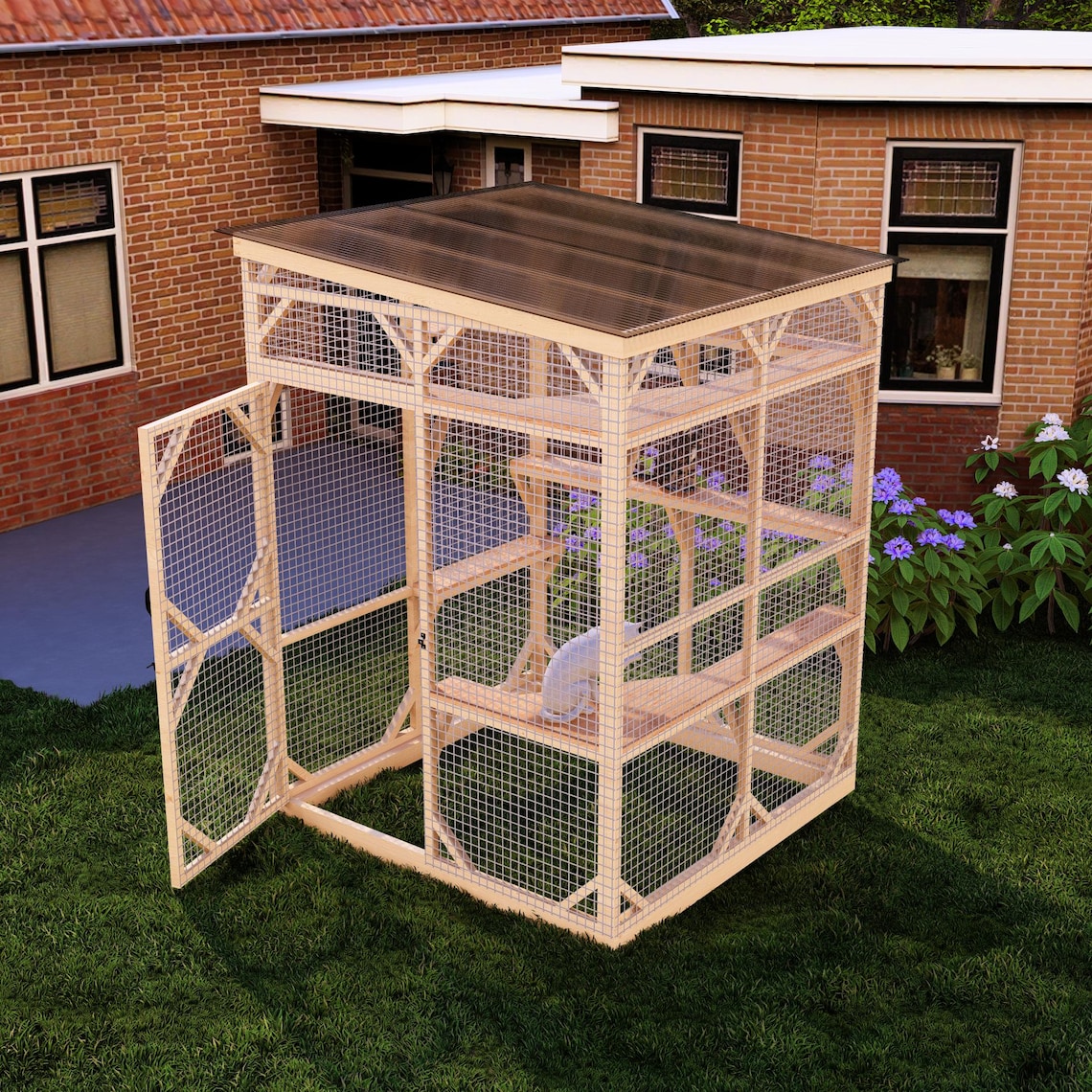 DIY Freestanding Catio Plans, 6x6 Outdoor Cat House With Full Wire Mesh ...