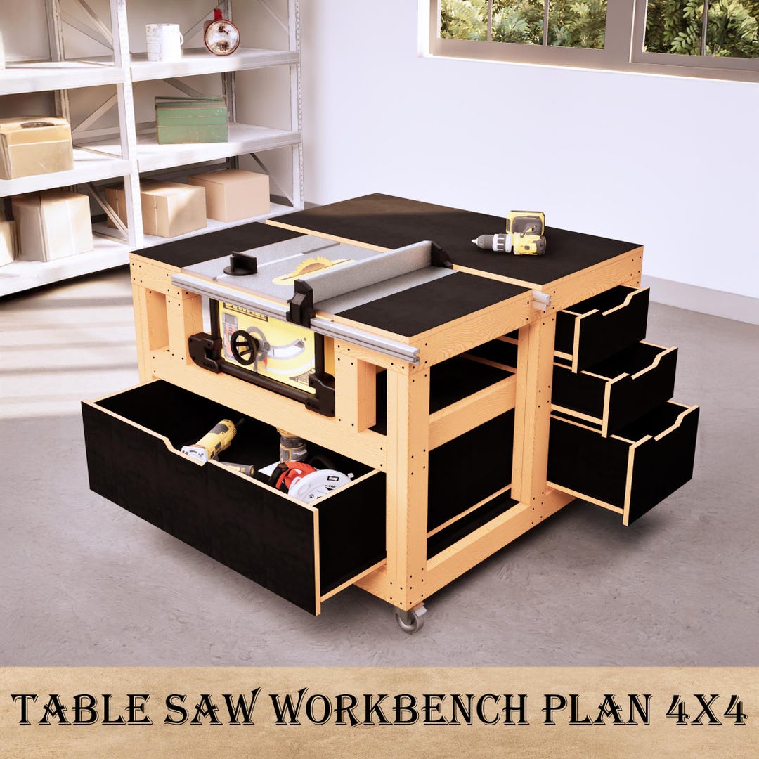 DIY 4x4 Workbench Plans With Table Saw Station, Bench With Drawer ...