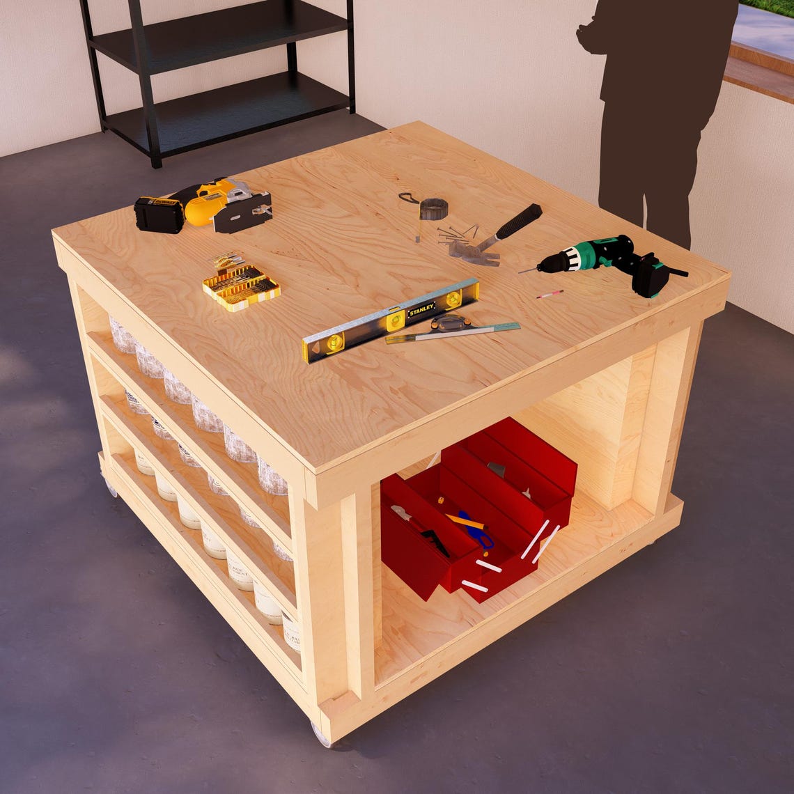 DIY Mobile Garage Workbench With Wood Shelves Modular Plans Expandable ...