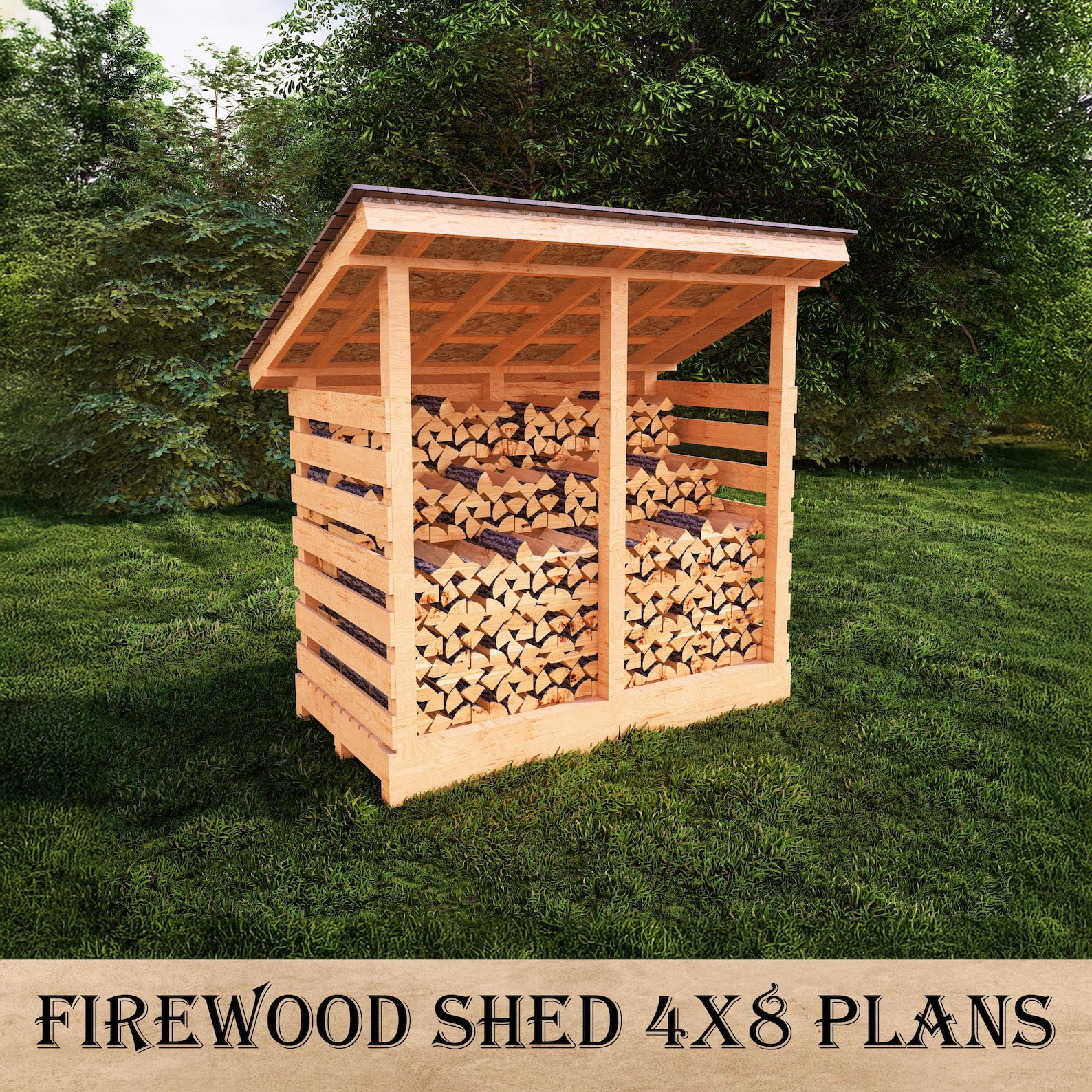 DIY Open Firewood Shed Plans, 4x8 Ft Slatted Wooden Storage for Proper ...