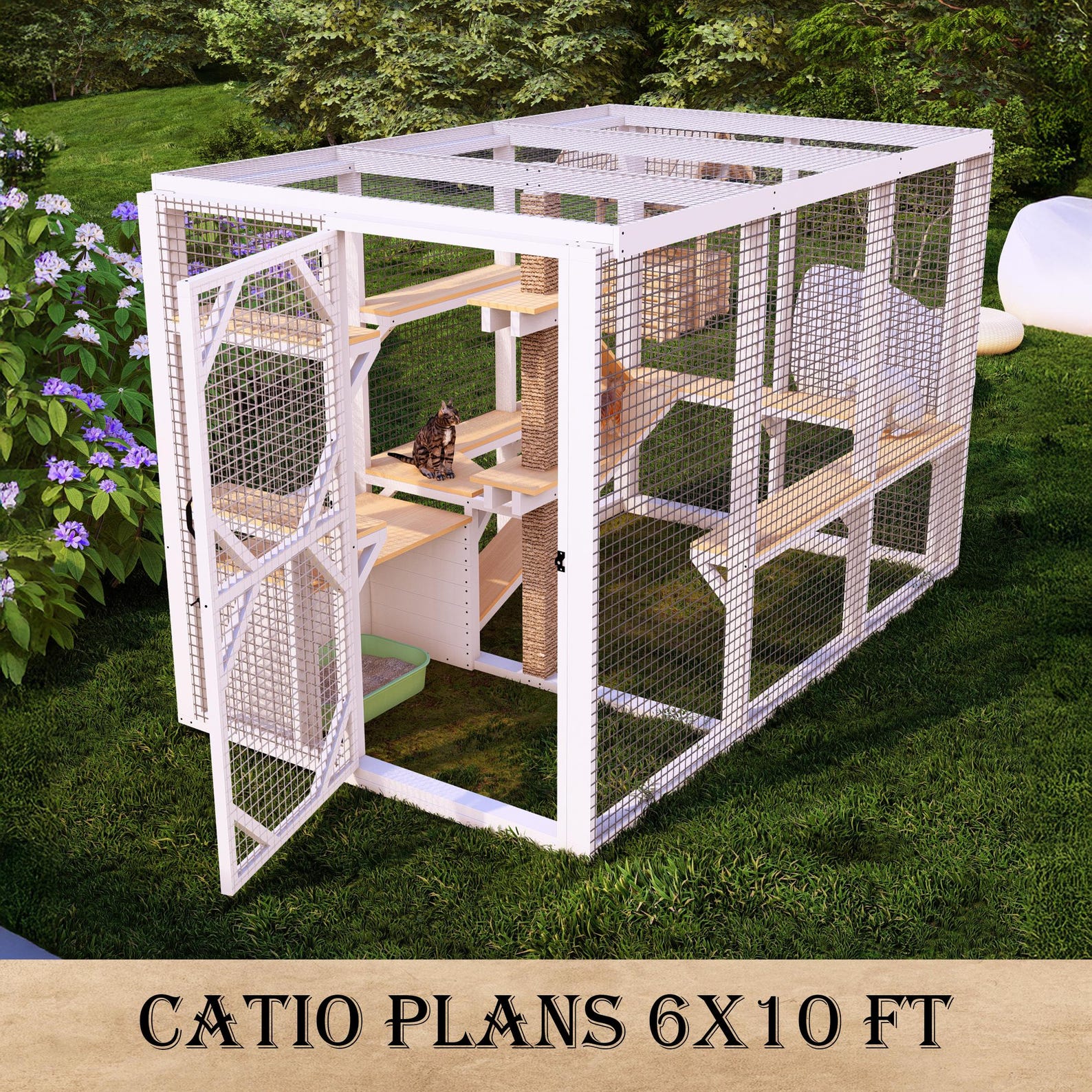 6x10 Outdoor Cat Enclosure DIY Plans – Freestanding Catio With Shelves ...