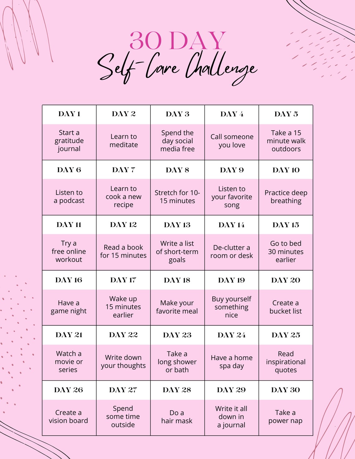 30 Day Self Care Challenge, Step by Step, Downloadable Self Care Chart ...