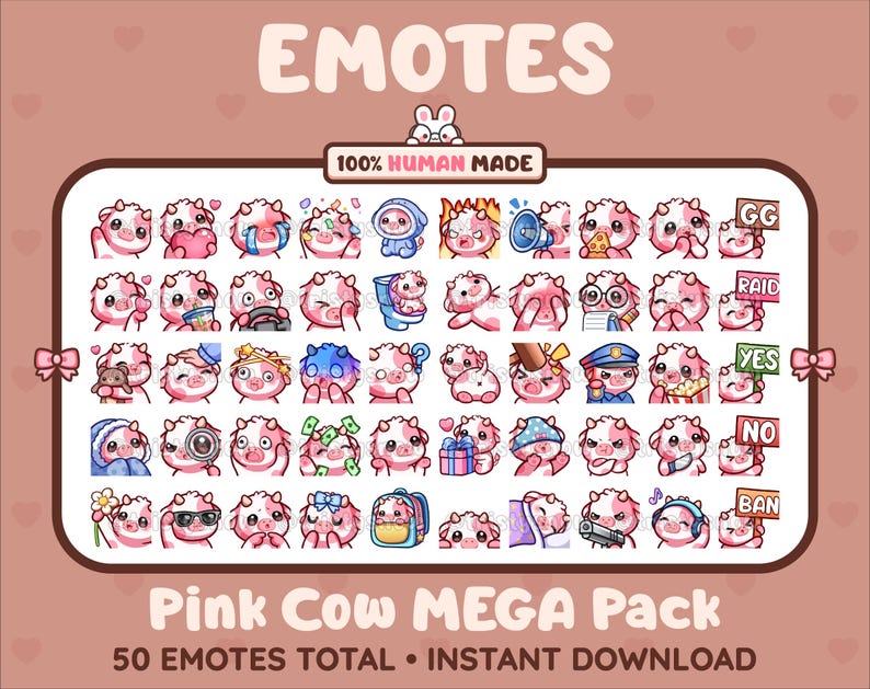 50 Cute Pink Cow Emotes MEGA Pack for Twitch, Discord, Youtube, Tiktok ...