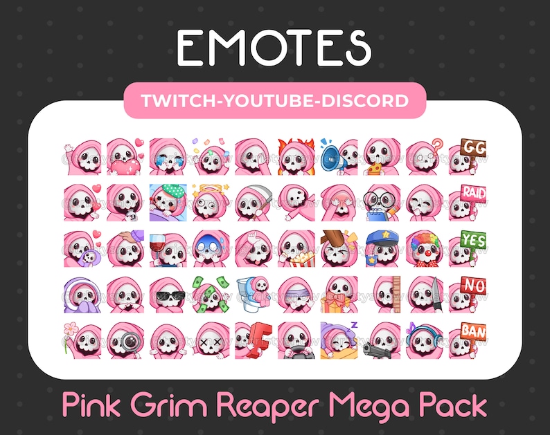 50 Cute Halloween Pink Grim Reaper Emotes Mega Pack for Twitch, Youtube ...