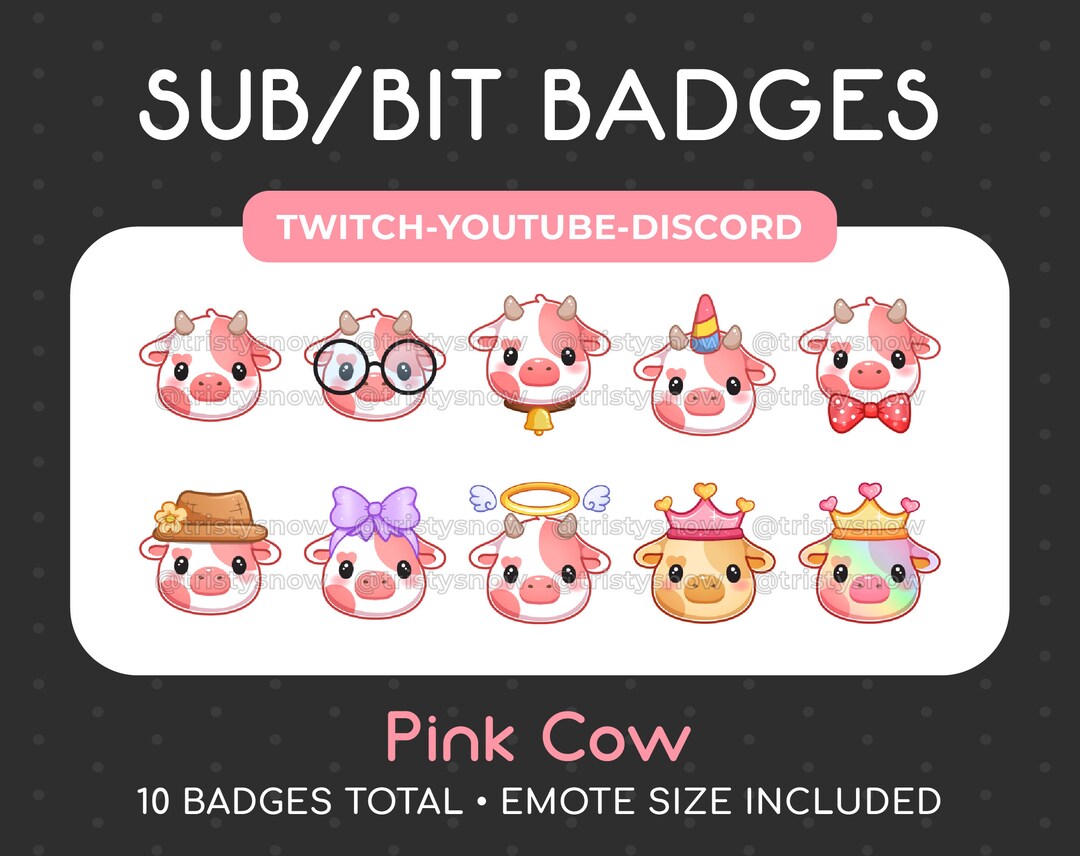 10 Cute Pink Cow Sub/bit Badges/emotes for Twitch, Youtube, Discord ...