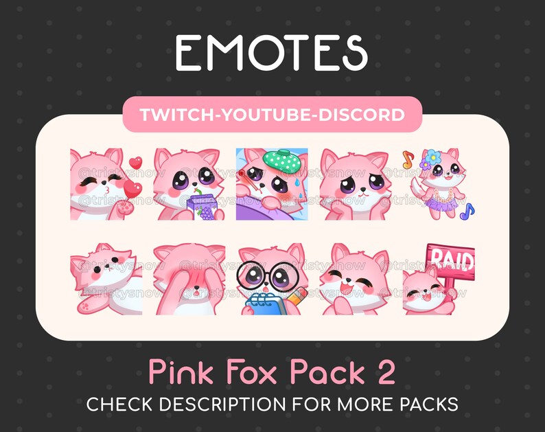 10 Cute Pink Fox Emotes pack 2 for Twitch, Youtube, Discord, Stream ...