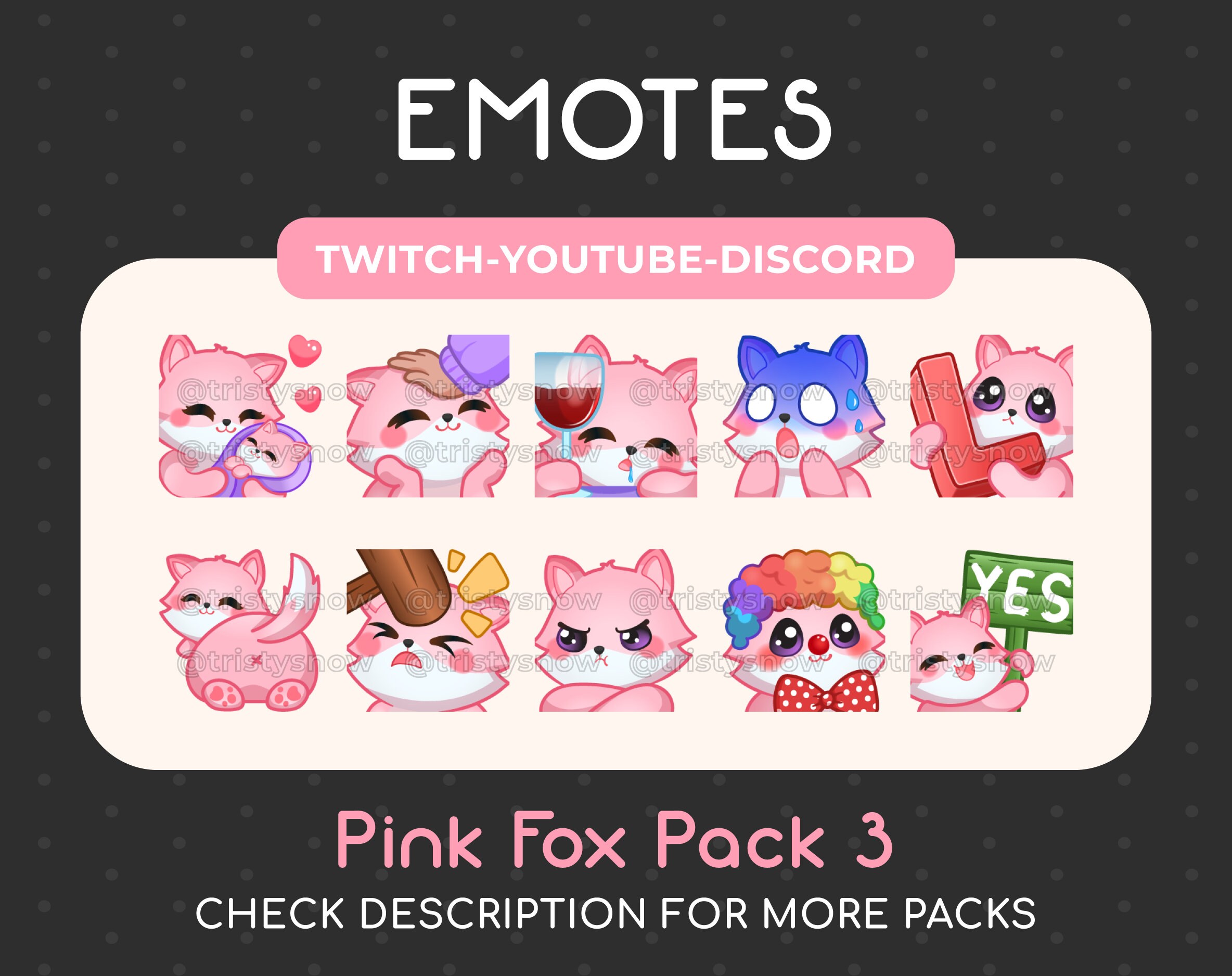 10 Cute Pink Fox Emotes pack 3 for Twitch, Youtube, Discord, Stream ...