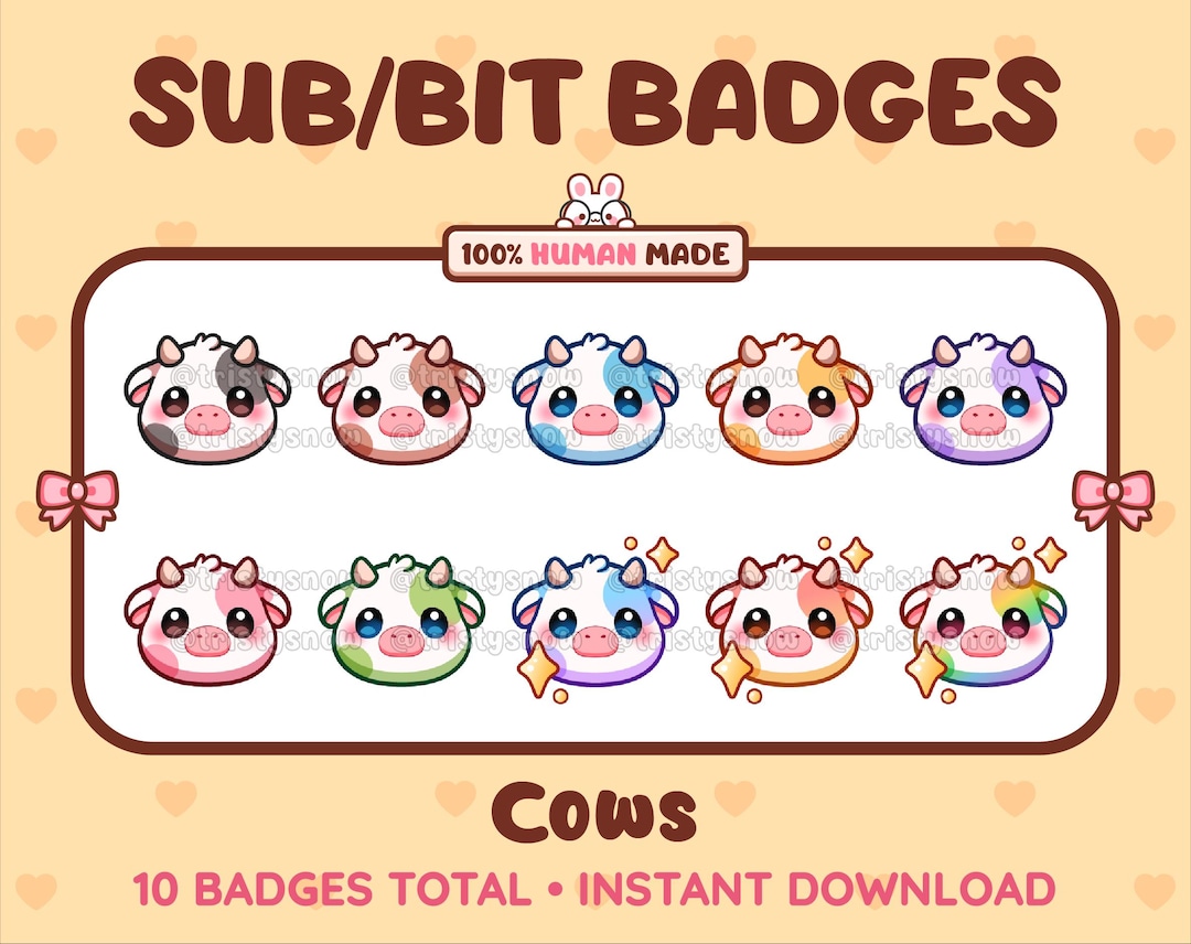 10 Cute Cow Sub/bit Badges/emotes for Twitch, Discord, Youtube, Kick ...