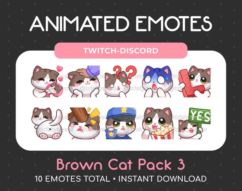 10 Animated + Static Cute Brown & White Cat Emotes (pack 3) for Twitch ...