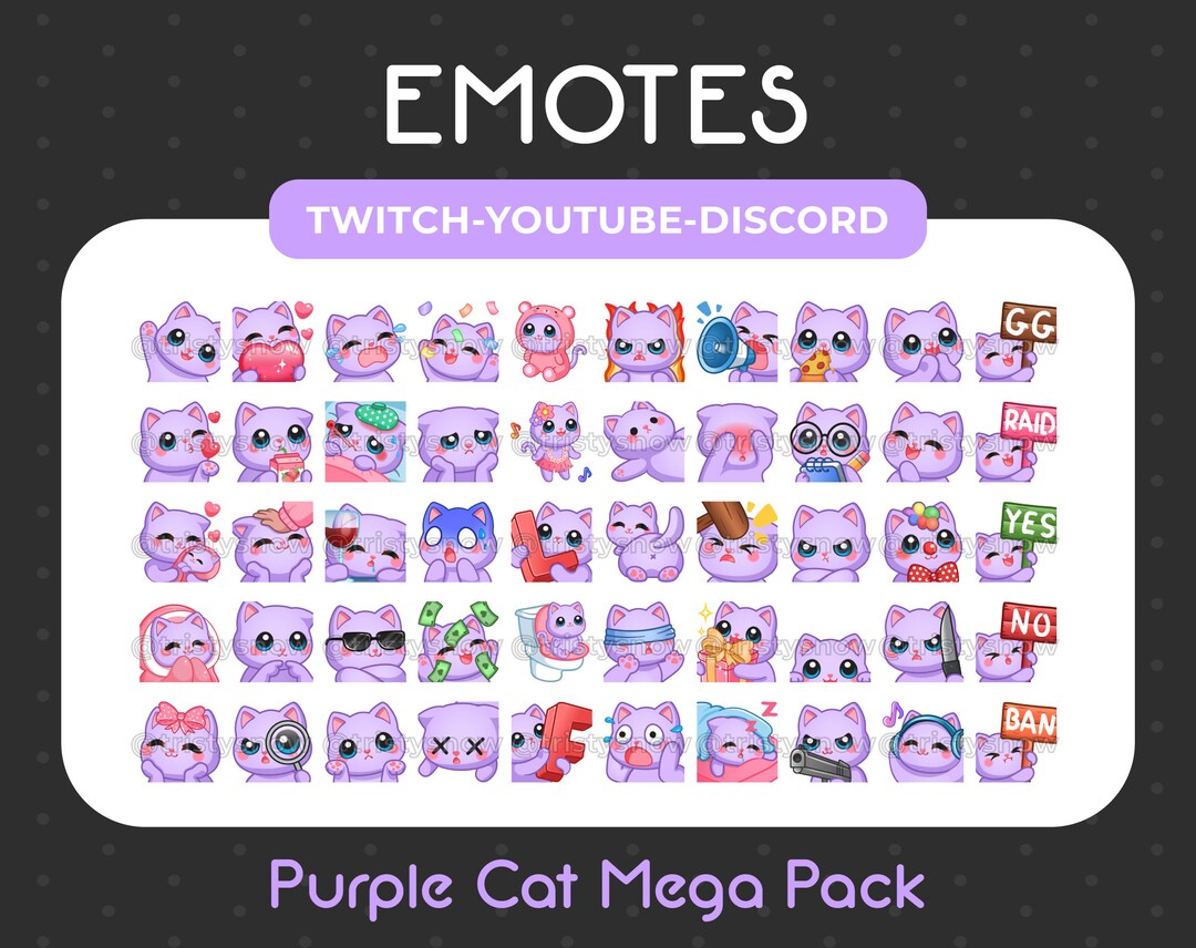 50 Cute Purple Cat Emotes Mega Pack for Twitch, Youtube, Discord ...