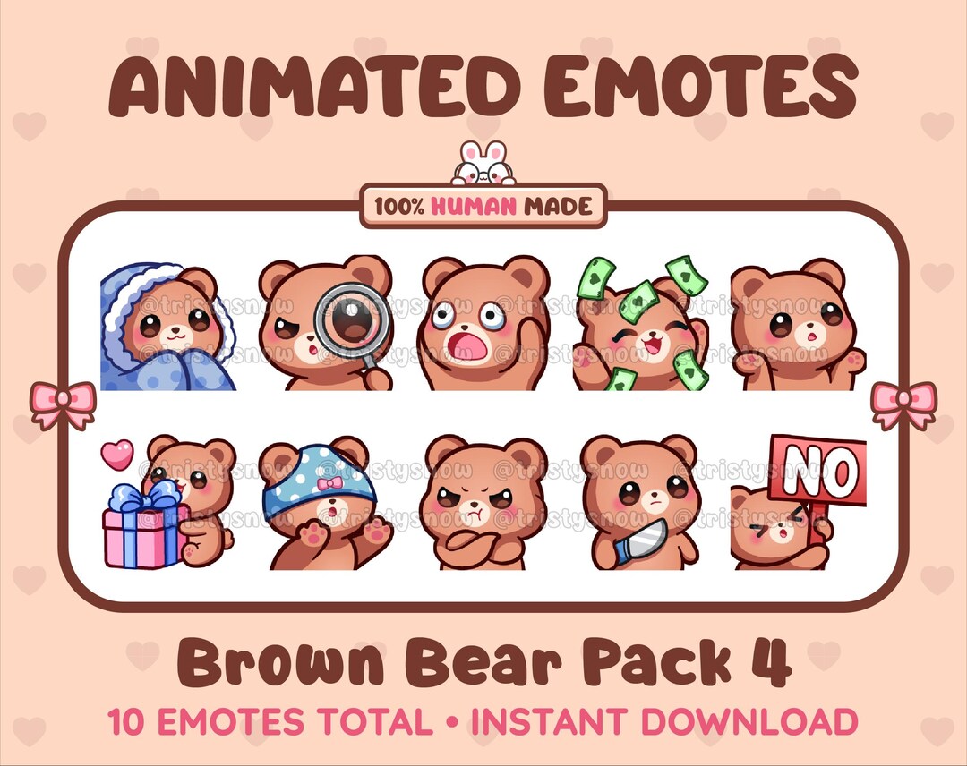 10 Animated + Static Cute Brown Bear Emotes (pack 4) for Twitch ...