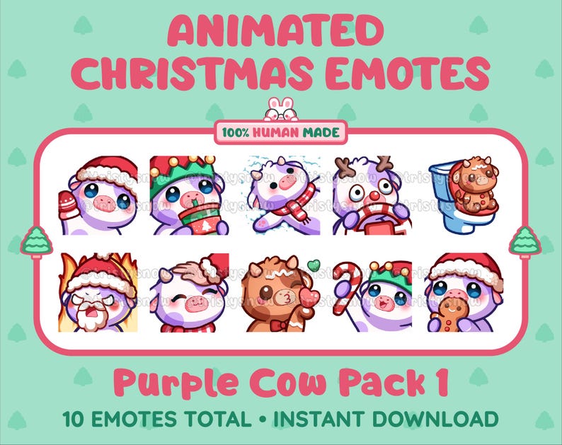 Pacote com 10 emotes de Natal animados e estáticos de vaca roxa fofa ...