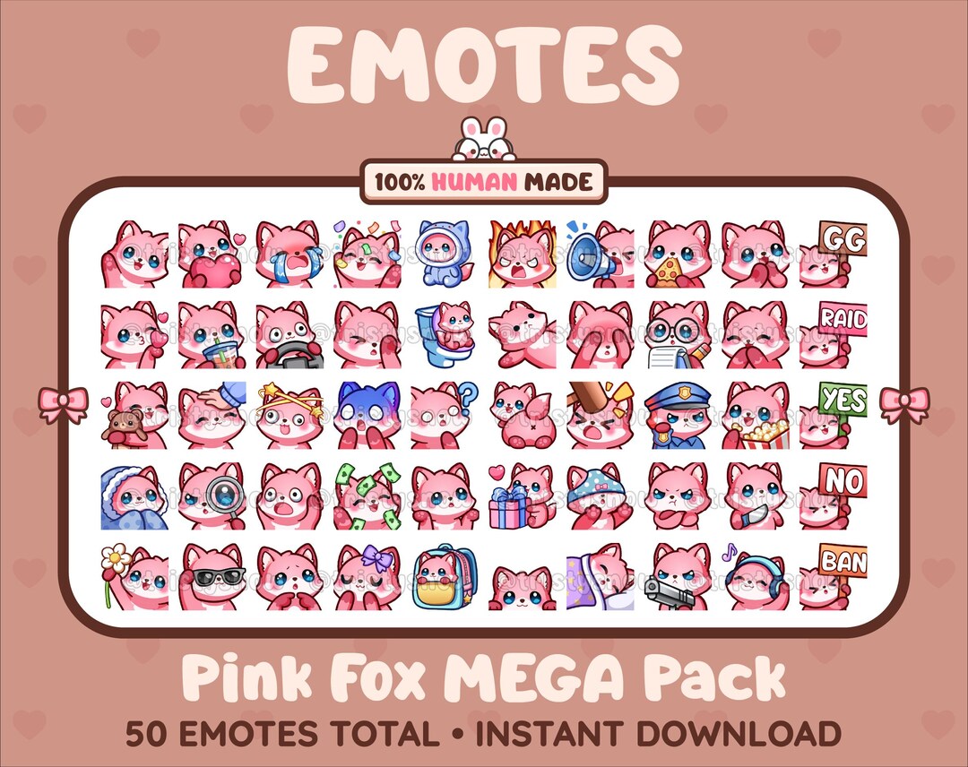 50 Cute Pink Fox Emotes MEGA Pack for Twitch, Discord, Youtube, Tiktok ...