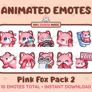 10 Animated + Static Cute Pink Fox Emotes (pack 2) for Twitch, Discord ...