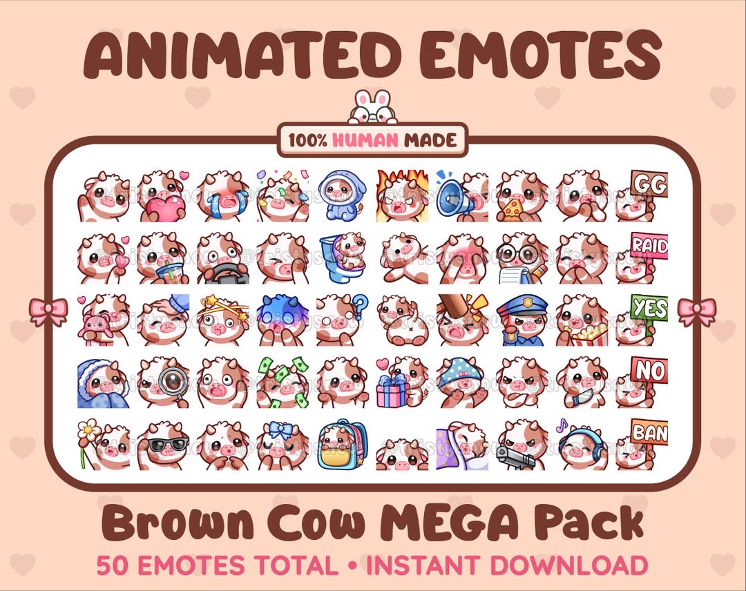 50 Animated + Static Cute Brown Cow Emotes MEGA Pack for Twitch ...