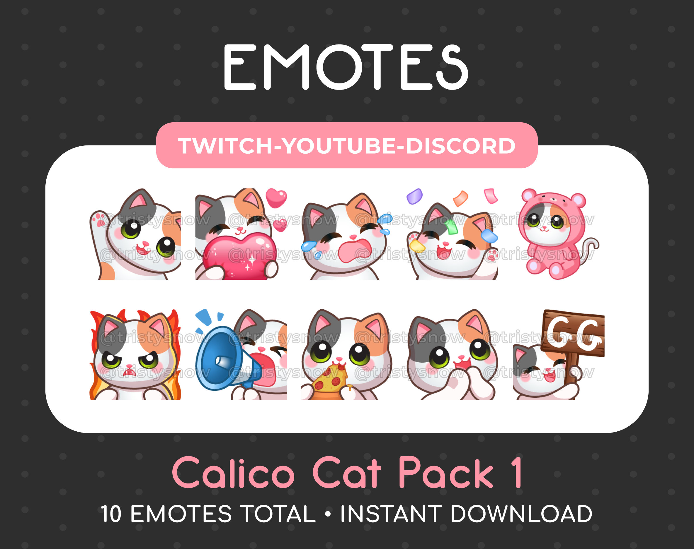 10 Cute Calico Cat Emotes (pack 1) for Twitch, Youtube, Discord, Stream ...