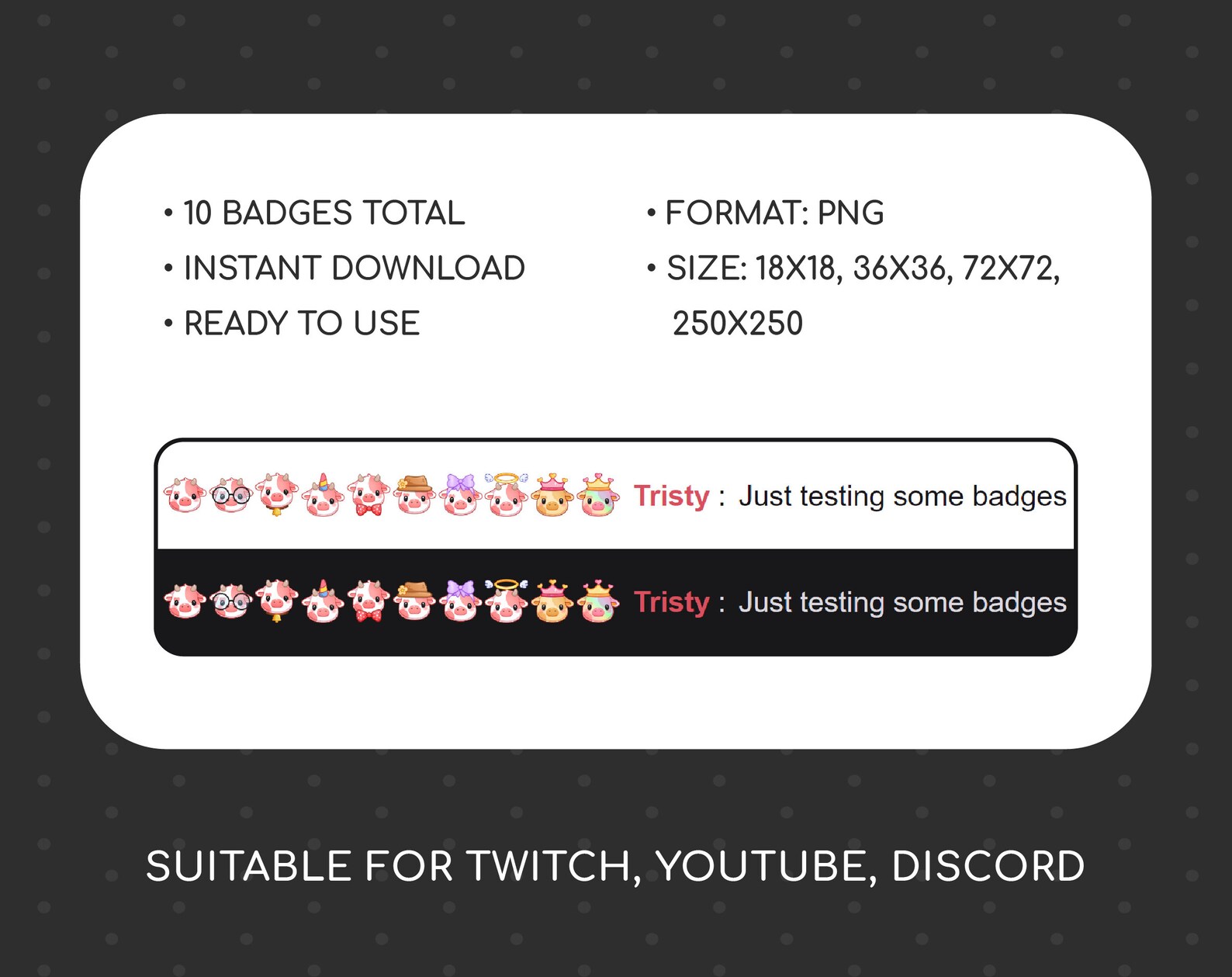 10 Cute Pink Cow Sub/bit Badges/emotes for Twitch, Youtube, Discord ...