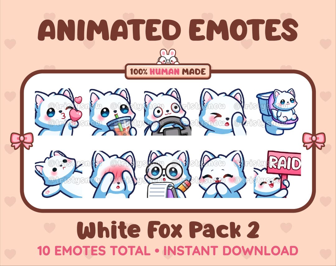 10 Animated + Static Cute White Fox Emotes (pack 2) for Twitch, Discord ...