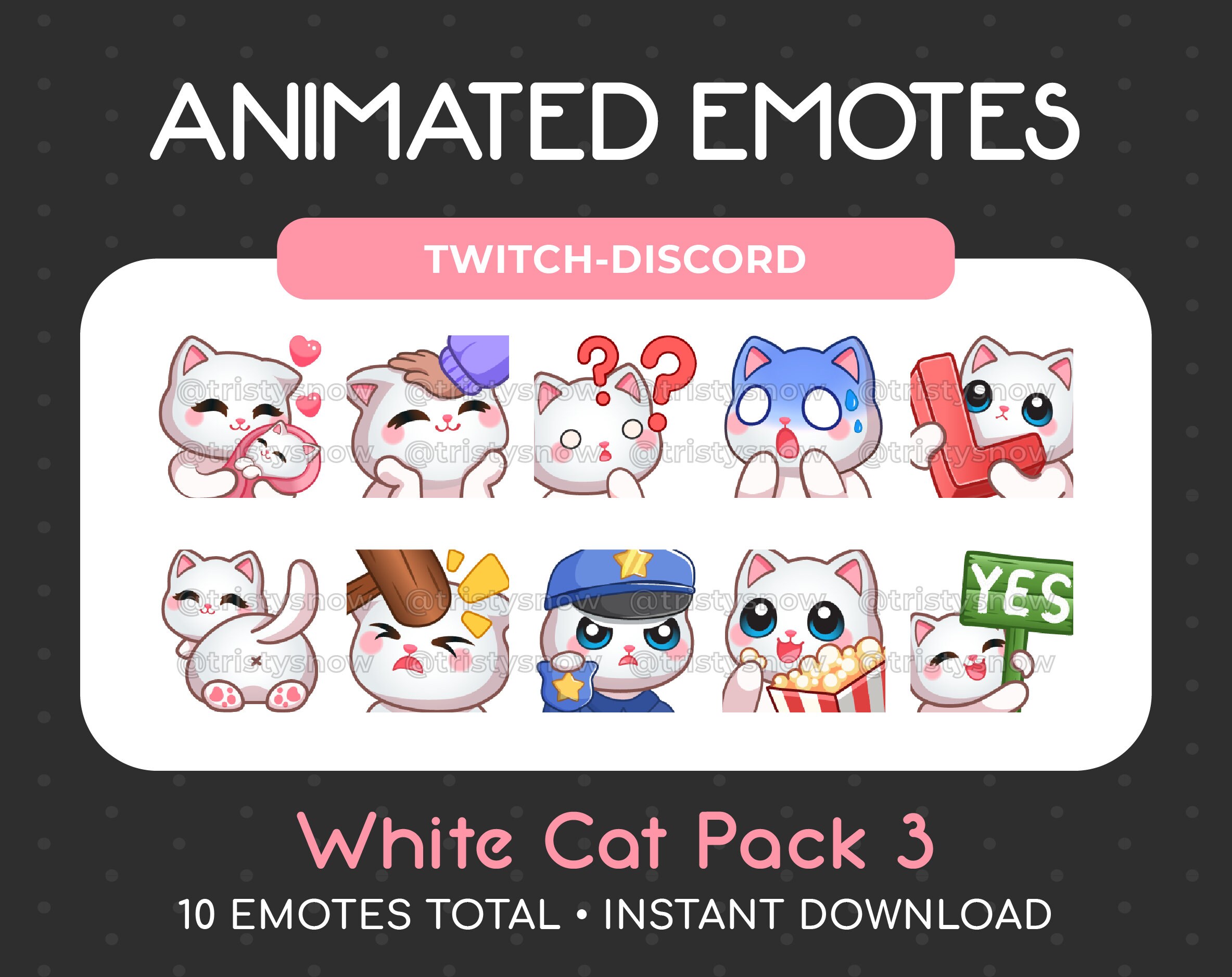 10 Animated + Static Cute White Cat Emotes (pack 3) for Twitch, Youtube ...