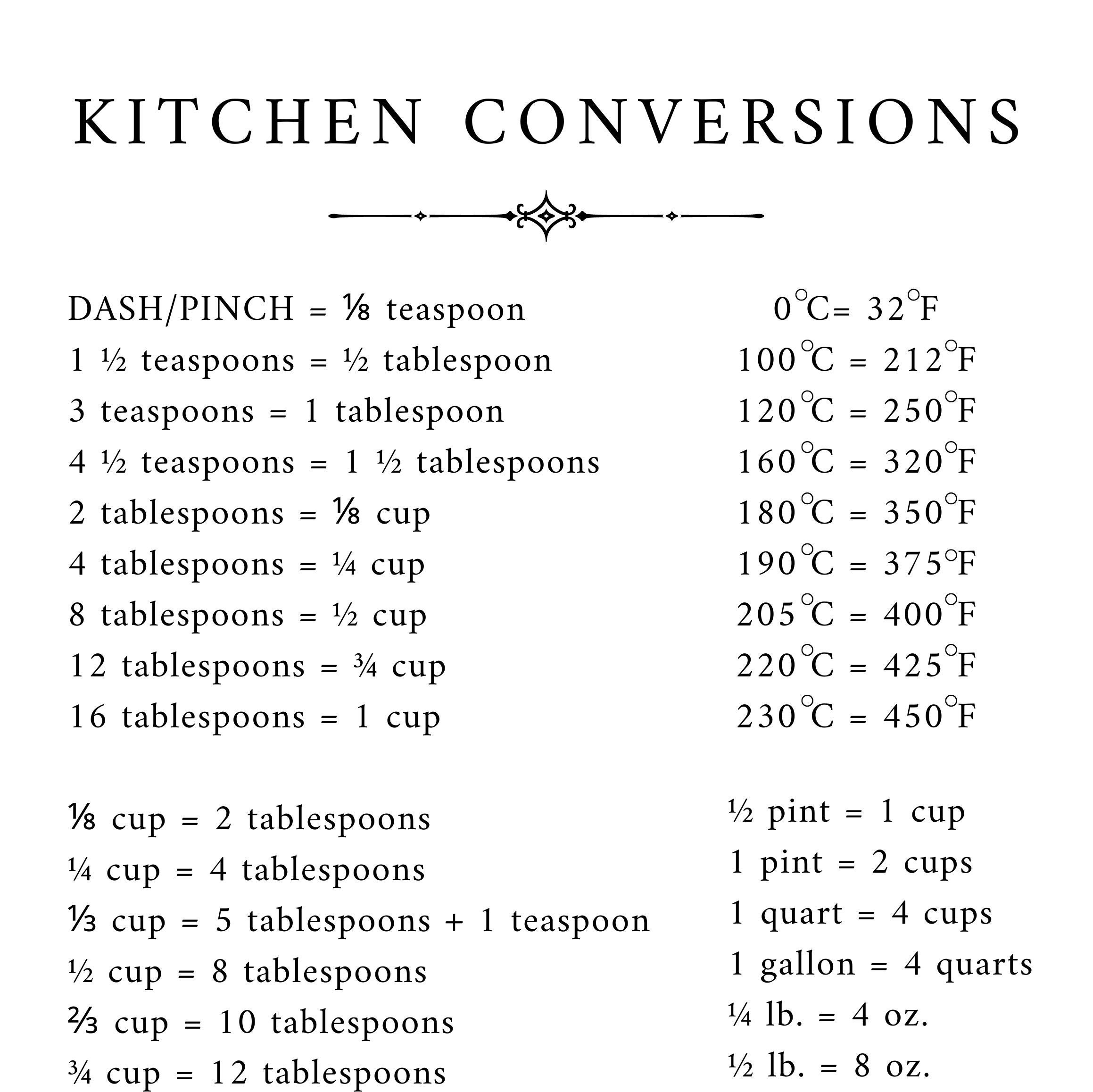 Kitchen Conversions Cheat Sheet Printable Measurement Guide - Etsy