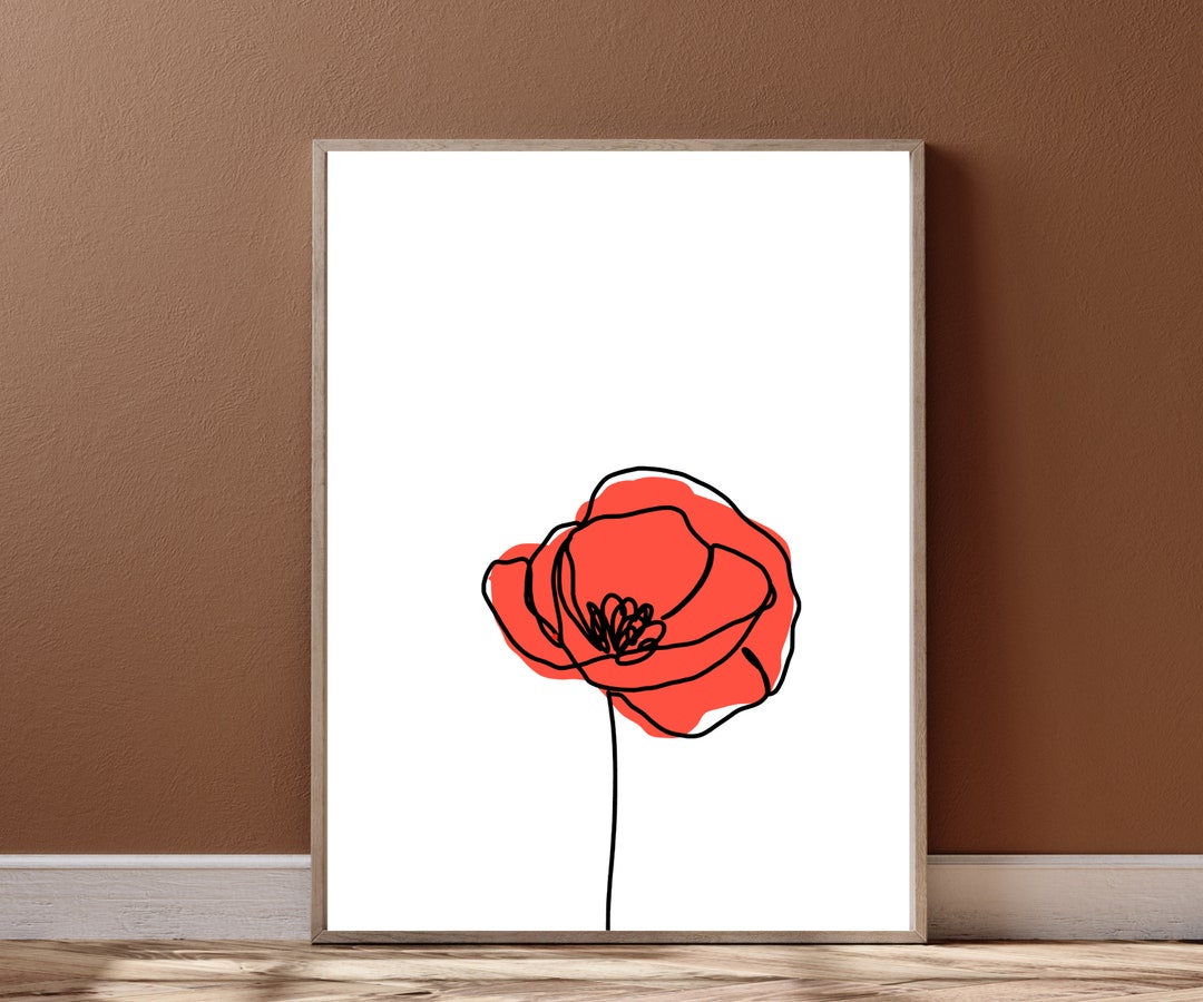 Red Poppy Painting Poppy Line Art Botanical Print Flower Wall Art Poppy ...