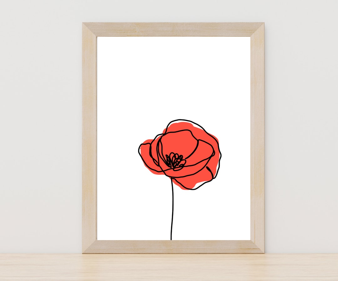Red Poppy Line Art Print: Minimalist Floral Wall Decor (digital ...
