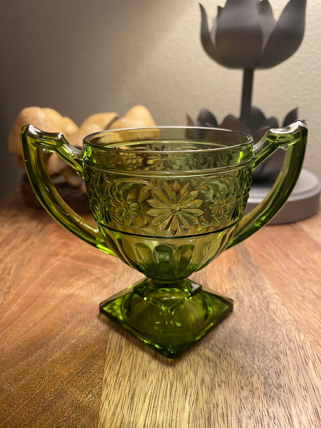 Vintage Indiana Green Glass Daisy Pattern Open Sugar Bowl - Etsy