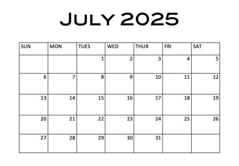 Printable Calendar 2025, July 2025 Calender, 2025 Calander, 2025 Wall ...