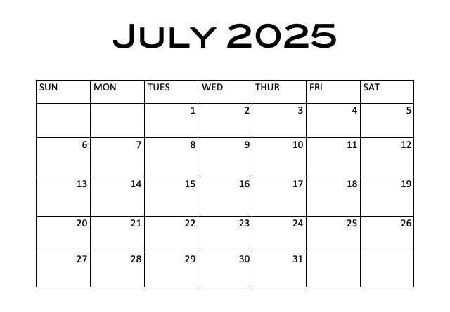Printable Calendar 2025, July 2025 Calender, 2025 Calander, 2025 Wall ...