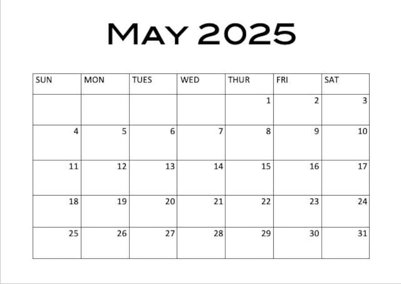 Printable Calendar 2025, May 2025 Calender, 2025 Calander, 2025 Wall ...