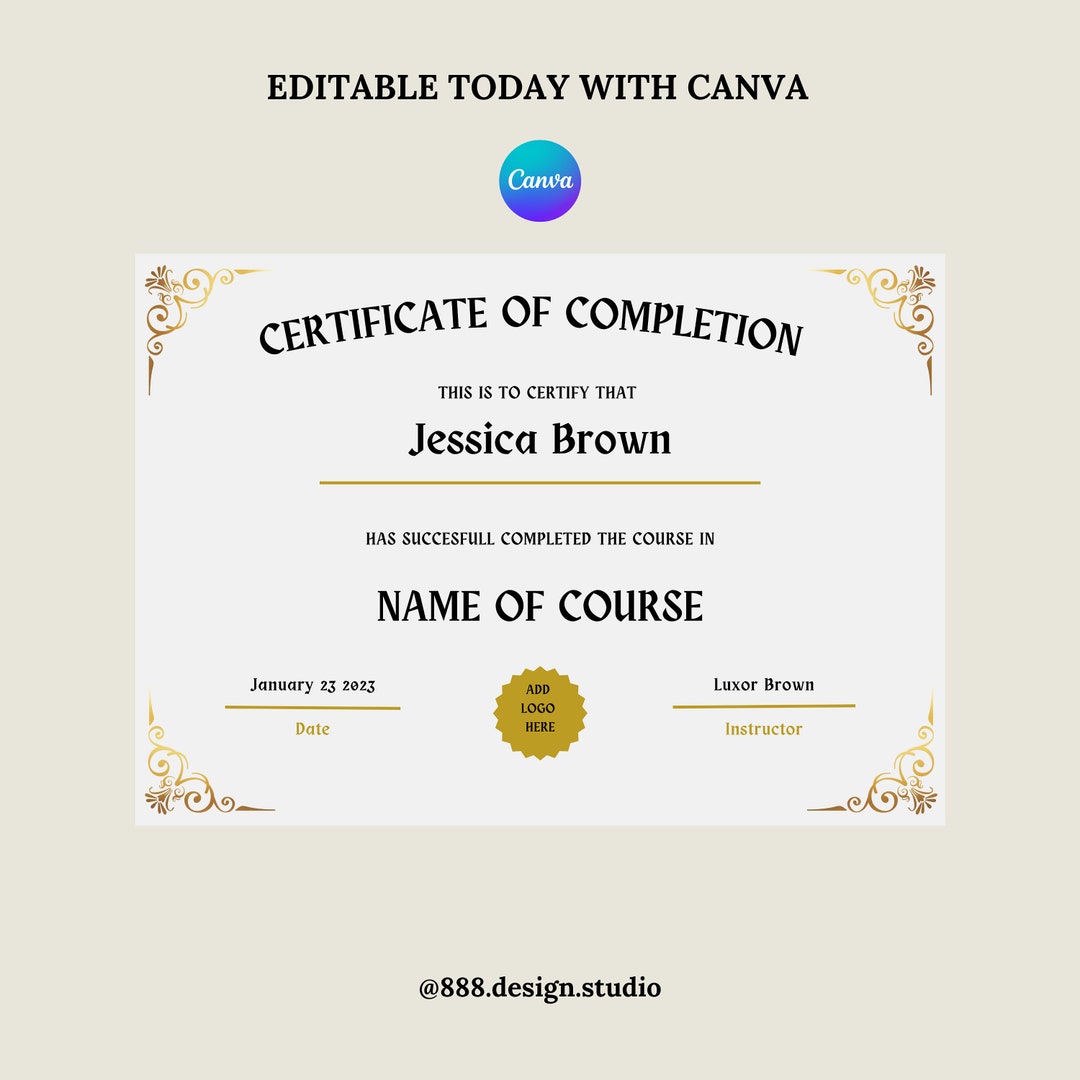 Editable Certificate of Completion Template, Gold Certificate Template ...