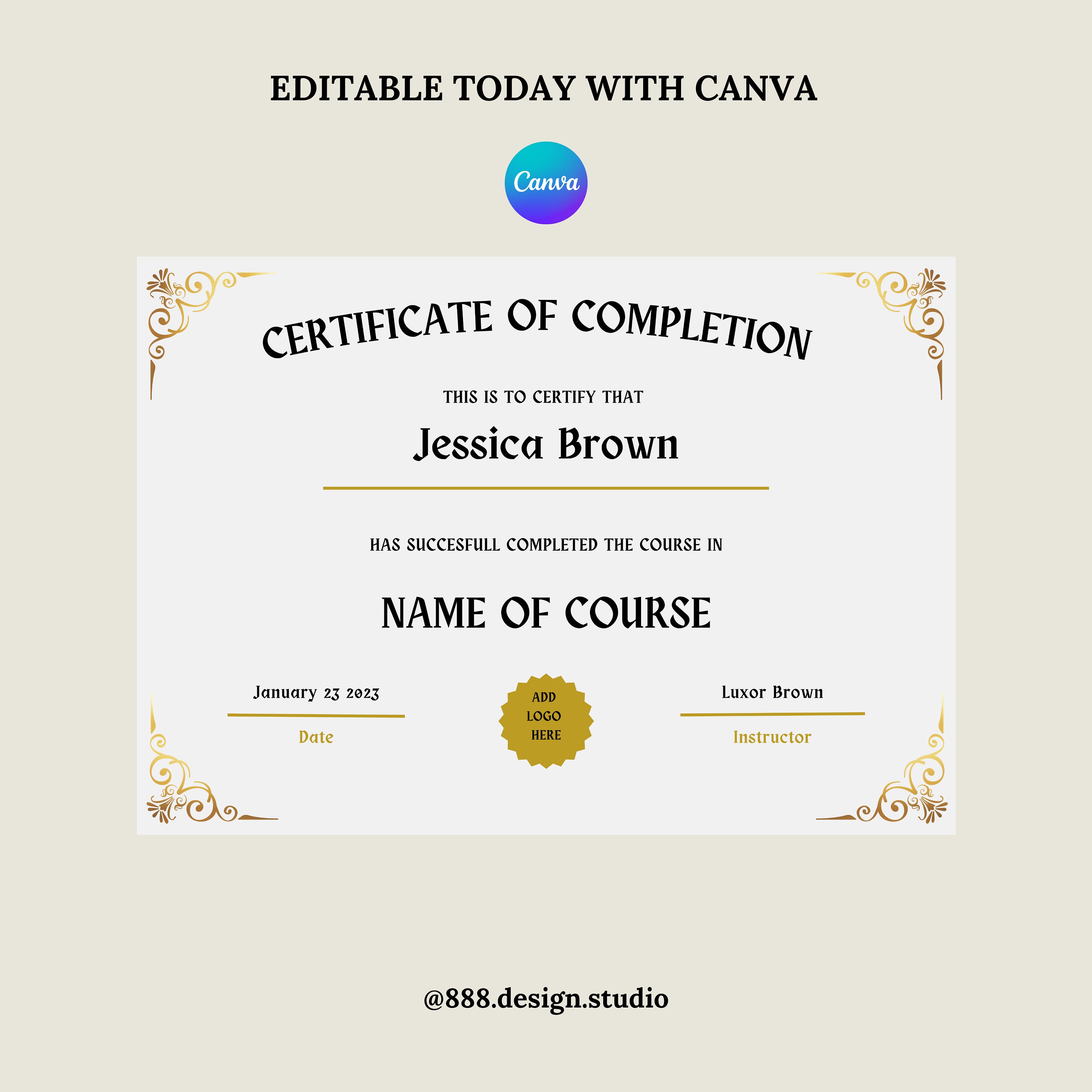 Editable Certificate of Completion Template, Gold Certificate Template ...