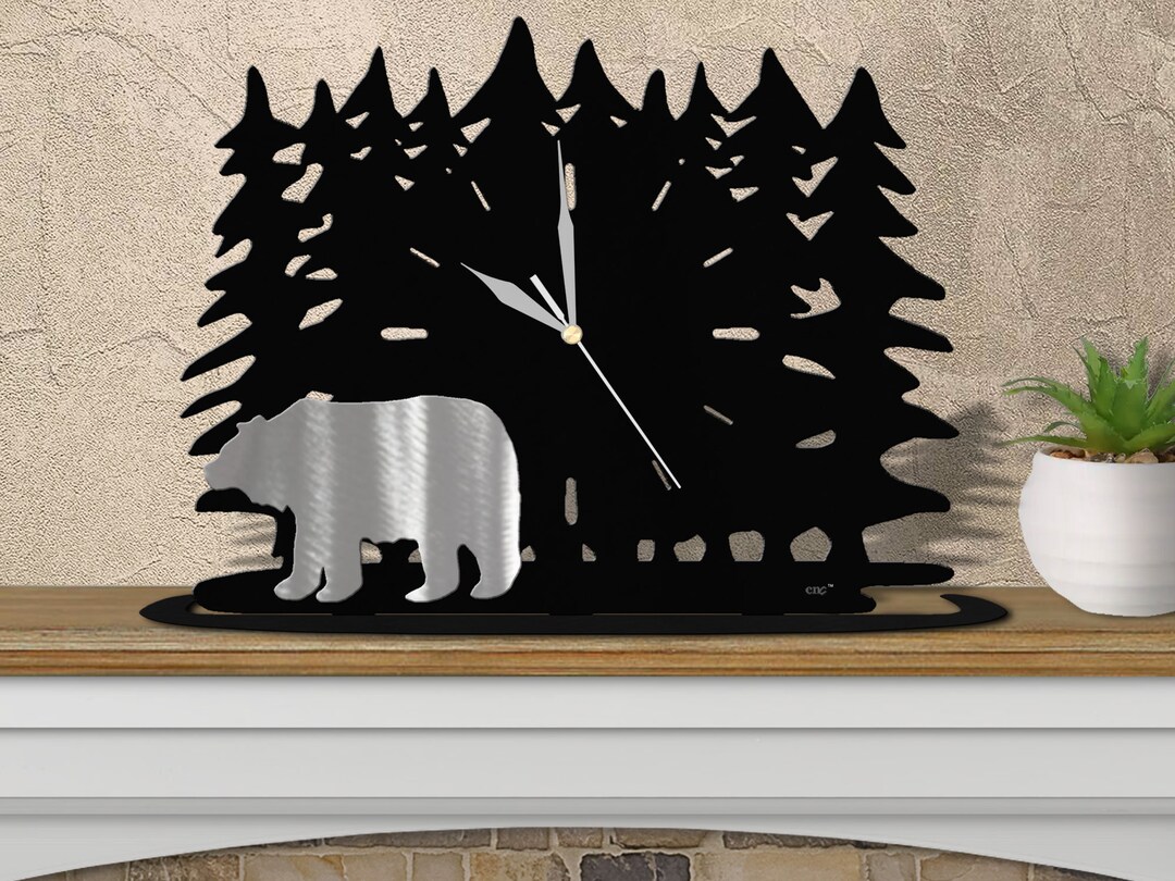 Lodge Theme Metal Shelf / Mantle Clock - Bear in the Woods - Silent ...